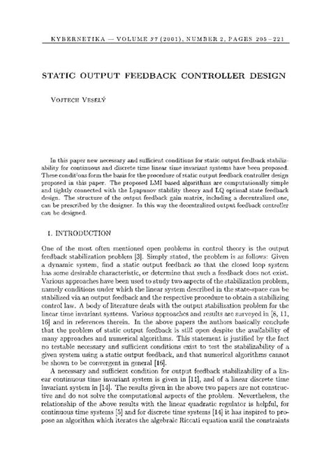 Pdf Static Output Feedback Controller Design · The System Is Static