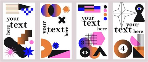 4개의 인스타 또는 소셜 미디어 수직 스토리 또는 그라데이션이 있는 추상적 기하학적 요소가 있는 배너가 있는 트렌디한 세트 텍스트에 대한 복사 공간이있는 최소한의 트렌디 한