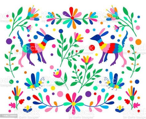 멕시코 오토미 자수 장식 화려한 멕시코 전통 직물 자수 스타일 민속 오토미 스타일의 그래픽 벽지 축제 분위기의 멕시칸 플로럴