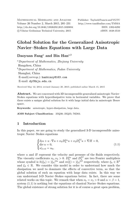 Pdf Global Solution For The Generalized Anisotropic Navier Stokes Equations With Large Data