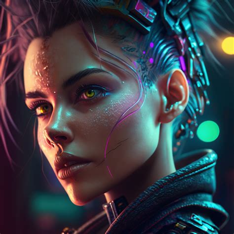 Side Close Up Portrait Of 1 Cyberpunk Girl Detailed Face Spotlight