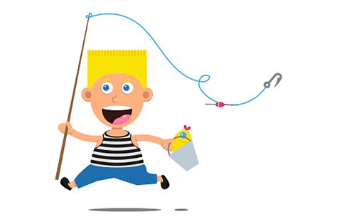 낚싯대 물고기와 양동이와 선원 줄무늬 조끼에 귀여운 만화 작은 소년 어부 아이 캐릭터 는 흰색 배경에 고립 행복한 미소 아이들 벡터 일러스트레이션 개념에 대한 스톡 벡터