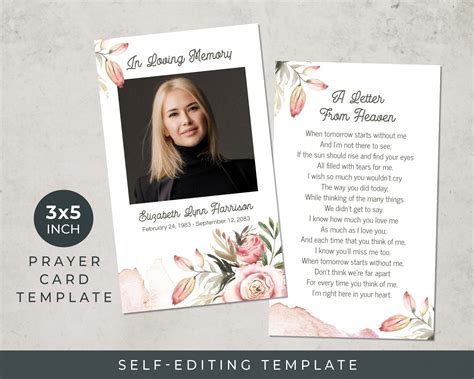 Prayer Card TEMPLATE Memorial Keepsake In Loving Memory 3x5 Inch 2 Sided Pink Rose Funeral Poem