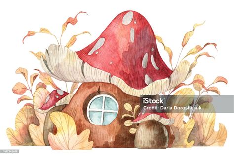 작은 둥근 창문과 덤불이있는 만화 버섯 집 가을 귀여운 숲 미니어처 수채화 손으로 그린 그림 0명에 대한 스톡 벡터 아트 및 기타 이미지 Istock
