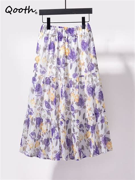 Qooth 봄 여름 오버사이즈 하이 웨이스트 플로랄 쉬폰 A 라인 스커트 여성 캐주얼 올 매치 퍼플 롱 스커트 Qt1696 Aliexpress