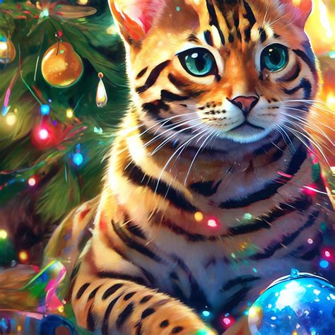 Иллюстрация Бенгальский кот возле ёлки | Illustrators.ru