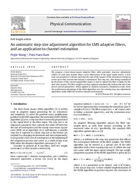 Pdf An Automatic Step Size Adjustment Algorithm For Lms Adaptive Filters And An Application