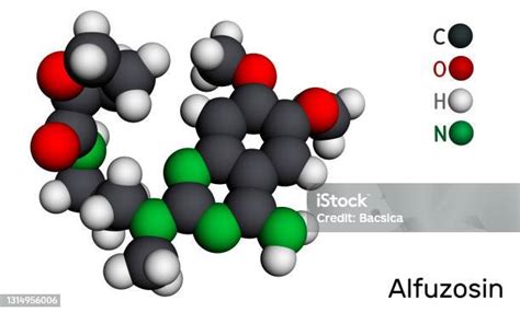 알푸조신 분자 그것은 항신플라스틱 제 항 고혈압제 알파adrenergic 길항제입니다 분자 모델 3d 렌더링 3차원 형태에 대한