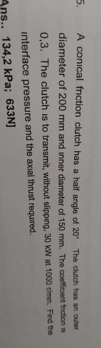 Solved 5 A Conical Friction Clutch Has A Half Angle Of 20°