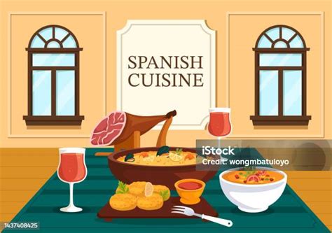 스페인 음식 요리 메뉴 평면 만화 손으로 그린 템플릿 그림에 다양한 전통 요리 레시피가 있는 레스토랑 고기에 대한 스톡 벡터 아트 및 기타 이미지 Istock