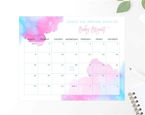 Due Date Calendar Template Baby Due Date Game Printable Birthday Predictions Baby Shower