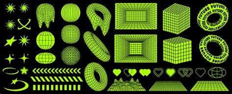 트렌디한 Y2k 스타일의 사이키델릭 레트로 퓨처리스틱 세트 초현실적 인 기하학적 모양과 패턴 와이어 프레임 사이버 펑크 요소 및 원근 그리드 프레임 도넛 텍스트가있는 도넛