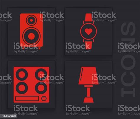 세트 테이블 램프 스테레오 스피커 스마트 시계는 심장 박동 속도와 가스 스토브 아이콘을 보여주는 벡터 가구에 대한 스톡 벡터 아트 및 기타 이미지 Istock