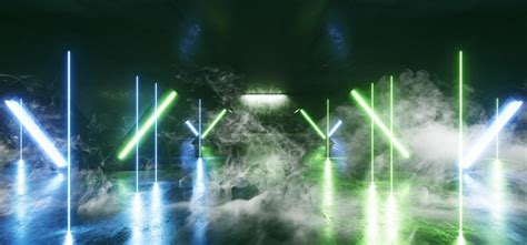 연기 무대 클럽 네온 조명 미래 공상 과학 소설 녹색 파란색 열 모양 빛나는 활기찬 빈 공간 그런 지 콘크리트 터널 복도 단계 우주선 차고 지하철 3d 렌더링 0명에 대한