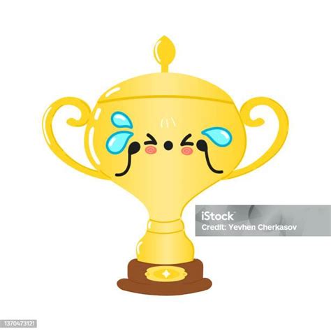 귀여운 슬픈 황금 트로피 컵 캐릭터 벡터 핸드 그린 만화 가와이 캐릭터 일러스트 아이콘 흰색 배경에 격리 슬픈 골든 트로피 컵