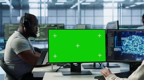 It Support Workers In Ai Data Center Coding On Green Screen Computers Technology Stock Footage
