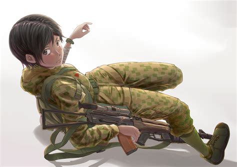 Safebooru 1girl Aks 74 Assault Rifle Black Hair Brown Eyes Camouflage
