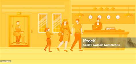 호텔 클라이언트 플랫 벡터 일러스트레이션 리셉션 근처에 아이를 가진 사람들 객실 예약 접객 서비스 로비 대기 공간 프론트 데스크 접수및손님 만화 캐릭터 가공의 인물에 대한