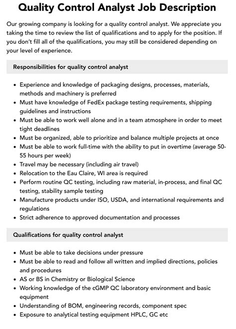 Quality Control Analyst Job Description Velvet Jobs