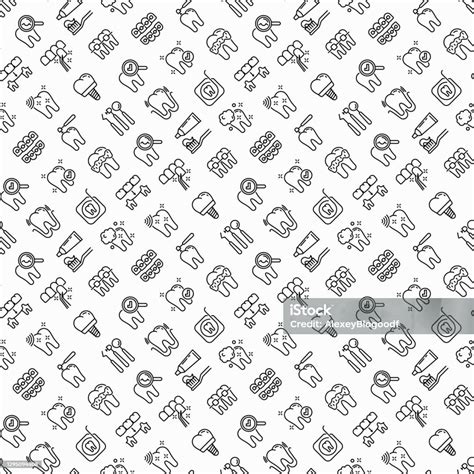 얇은 라인 아이콘치과 의사 원활한 패턴 치과 기기 돋보기 치열 교정 치아 추출 베니어 치아 미백 임플란트 중괄호 미적분 벡터 그림입니다 치과 의사에 대한 스톡 벡터 아트 및