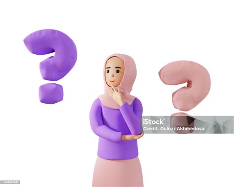 히잡을 쓴 젊은 무슬림 여성이 물음표를 보고 있는 생각의 3d 그림 히잡을 쓴 무슬림 여성이 흰색 배경에 고립된 물음표 3d 그림을 주저하며 보고 있다 3차원 형태에 대한