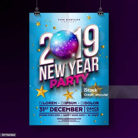 새 해 축 하 파티 포스터 템플릿 3d 2019 번호로 디자인과 파란색 배경에 볼 디스코 초대 전단지 또는 프로 모션 배너 벡터 휴일 프리미엄 일러스트 12월 31일에 대한