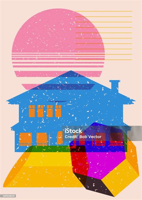 리소그래프 할로윈 버려진 유령의 집과 기하학적 모양 트렌디한 리소 그래프 디자인의 오브제 기하학 요소 추상화 인쇄 질감 스타일 10월에 대한 스톡 벡터 아트 및 기타 이미지