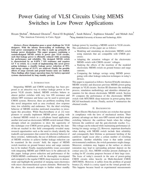 Pdf Power Gating Of Vlsi Circuits Using Mems Switches In Low Power Applications