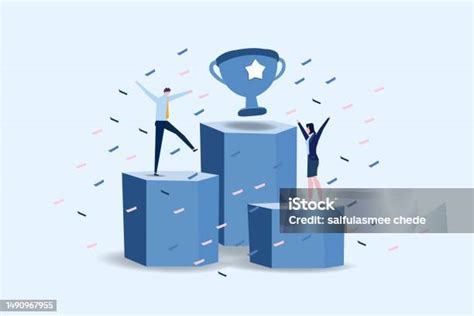 큰 우승자 Cupsuccessful 팀워크를 가진 행복한 사업가 또는 스포츠맨 선물과 인간 캐릭터로 상 손을 들고 벡터 그림을