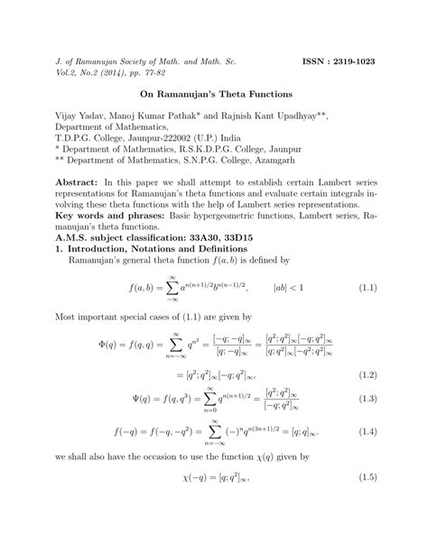 Pdf On Ramanujans Theta Functions