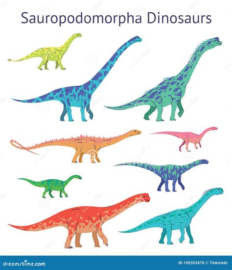 Set Of Sauropodomorpha Dinosaurs Monochrome Vector Illustration Of