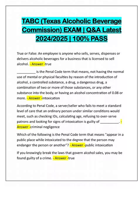 Tabc Texas Alcoholic Beverage Commission Exam Qanda Latest 2024 2025