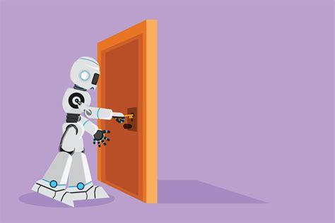 Cartoon Flat Style Drawing Robot Inserts Key Into Keyhole Which Is On
