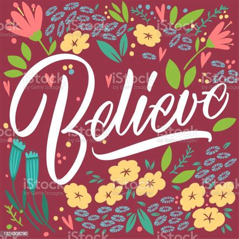 비문은 꽃과 잎이있는 부르고뉴 배경을 믿습니다 엽서 초대장 티셔츠 프린트 디자인 배너 동기 부여 포스터용 텍스트 격리된 벡터입니다 꽃 무늬 개념에 대한 스톡 벡터 아트 및