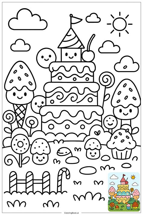 마법의 디저트 정원 장면 색칠하기 페이지 무료 Pdfandpng 인쇄 가능