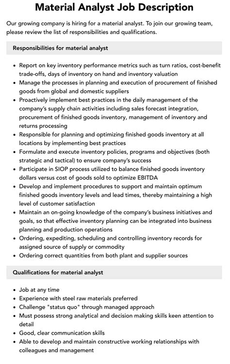 Material Analyst Job Description Velvet Jobs