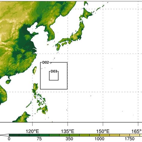 terrain height m shading and model domains for all the simulations