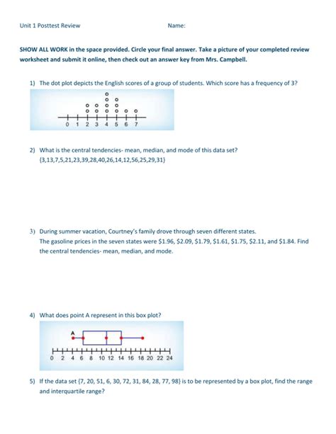 Unit Statistics Posttest Review Worksheet