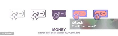 돈 아이콘 에서 단색 스타일로 스타일로 지폐 동전 현금 부 금융 돈 및 경제를 보여주는 그래픽 디자인 요소 5가지 스타일의 아이콘 세트 0명에 대한 스톡 벡터 아트 및 기타