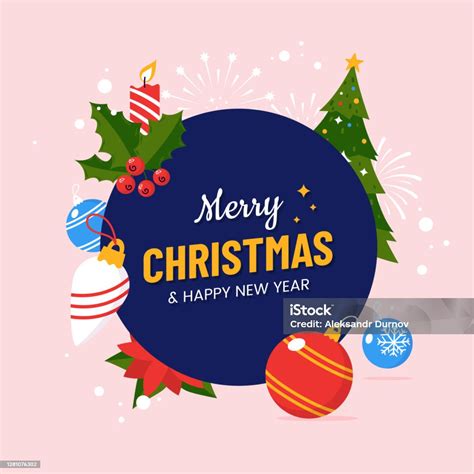 메리 크리스마스와 해피 새해 인사말 카드 디자인 디자인 플랫 만화 스타일 전나무 나무 홀리 크리스마스 공과 떨어지는 눈으로 둥근 구성 Xmas 엽서 벡터 그림입니다 12월