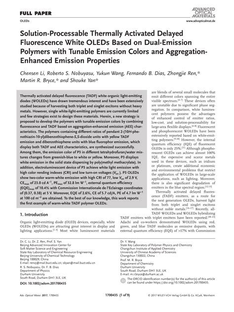 Pdf Solution‐processable Thermally Activated Delayed Fluorescence White Oleds Based On Dual