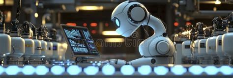 White Robot Analyzing Data On Laptop In Factory Setup Stock Illustration Illustration Of