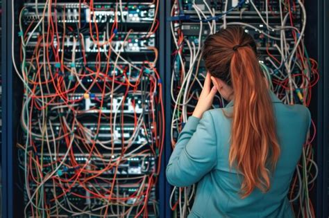 Female Engineer Trying To Understand Network Mess Computer Rack In Computer Center Full Of Wires