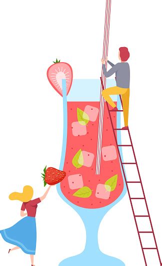 작은 사람들 만들기 칵테일 젊은 남자와 여자 퍼팅 열매 에 큰 유리 와 주 차가운 달콤한 여름 음료 벡터 일러스트 개념에 대한 스톡 벡터 아트 및 기타 이미지 Istock