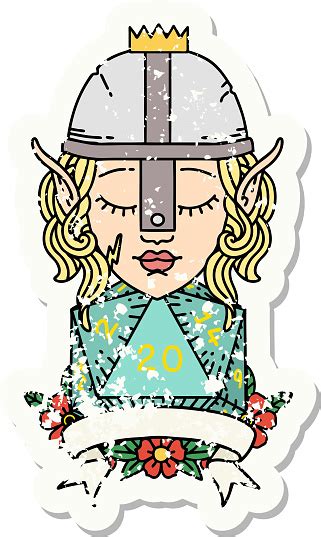 자연스러운 20 주사위 굴림을 가진 엘프 전투기의 그런지 스티커 군용헬멧에 대한 스톡 벡터 아트 및 기타 이미지 군용헬멧