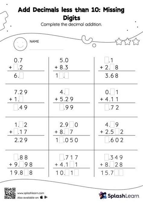 Add Decimals Less Than 10 Missing Digits Worksheet Printable Maths Sheet