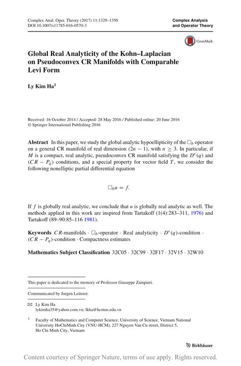 Global Real Analyticity Of The Kohnlaplacian On Pseudoconvex Cr Manifolds With Comparable Levi