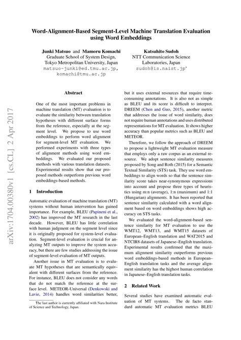 Word Alignment Based Segment Level Machine Translation Evaluation Using Word Embeddings Deepai