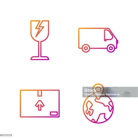 세트 라인 월드와이드 교통 기호가 있는 골판지 상자 깨지기 쉬운 깨진 유리 기호 및 배달 화물 트럭 차량 그라데이션 색상 아이콘입니다 벡터 경계 표지에 대한 스톡 벡터 아트