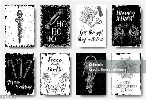 필기 브러시 서 예 및 장식 요소와 함께 크리스마스와 새 해 인사말 카드의 세트 겨울 초대장 카드 포스터 전단지에 대 한 장식 손으로 그린 그림 벡터입니다 12월에 대한